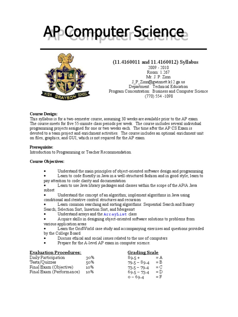 Zinn AP Computer Science Syllabus | PDF | Method (Computer Programming) | Class (Computer ...