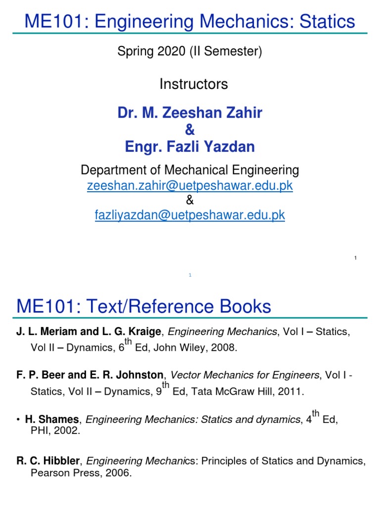 Statics Lecture No 5 Uet Peshawar Mechanical Engineering | PDF | Torque | Force