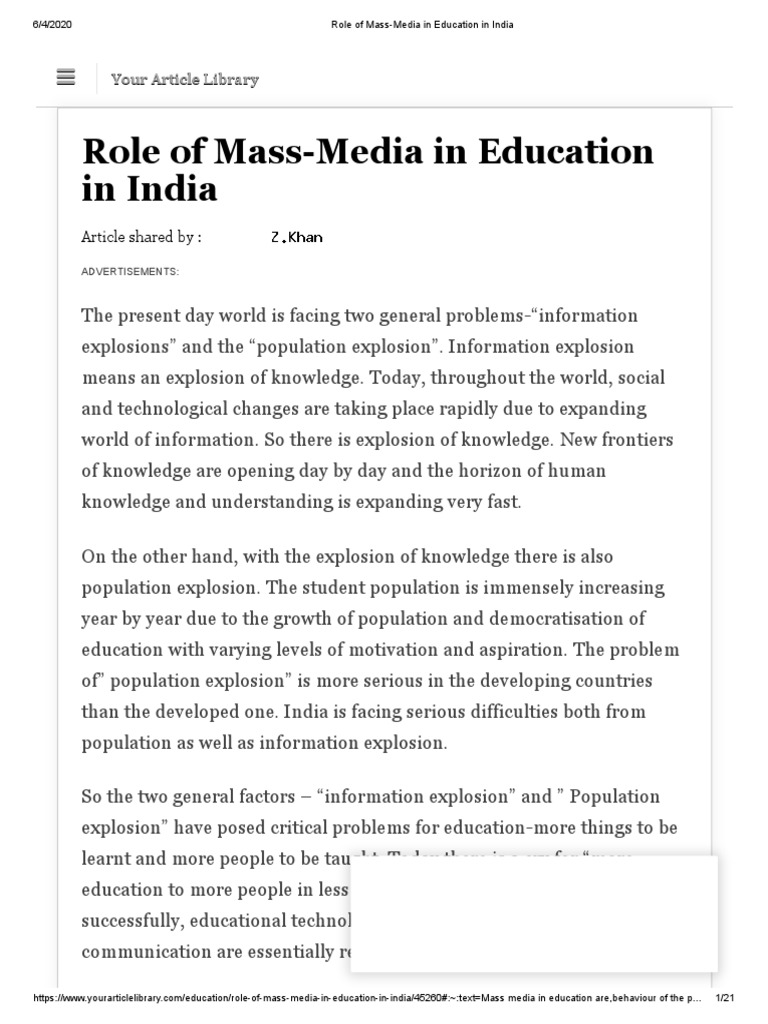 Role of Mass-Media in Education in India | PDF | Mass Media | Teachers