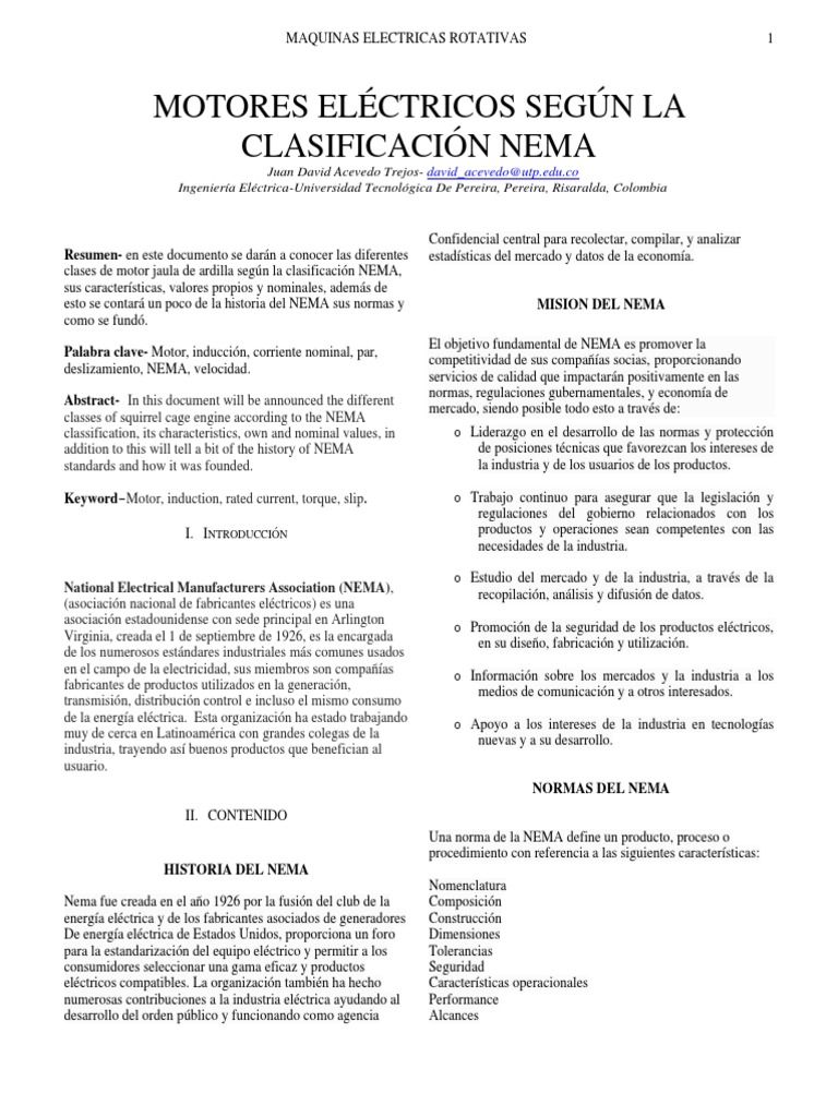 Motores NEMA: Clasificación y Uso | PDF | Fuerza | Máquinas