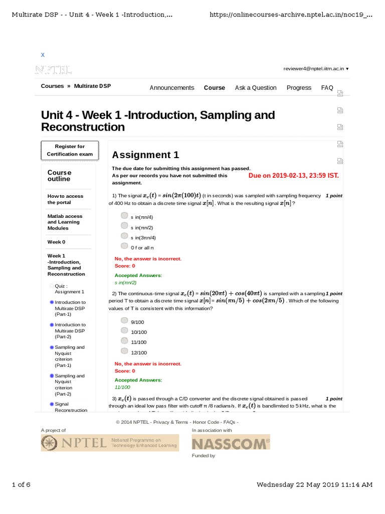 Unit 4 - Week 1 - Introduction, Sampling and Reconstruction: Assignment ...