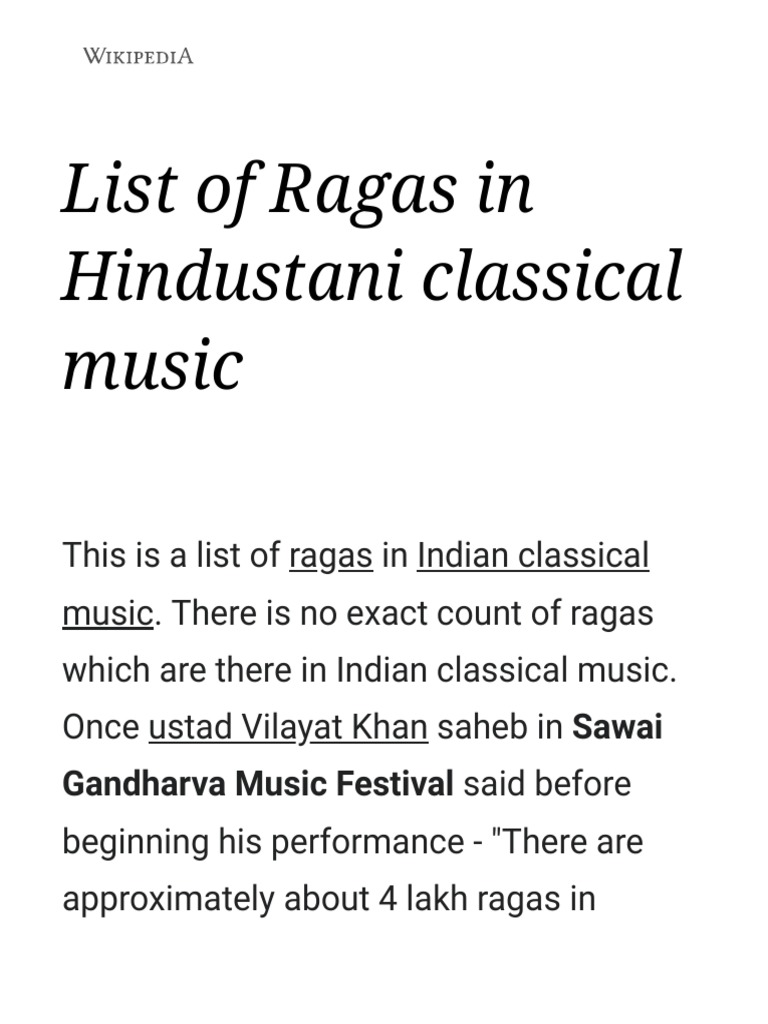 List of Ragas in Hindustani Classical Music - Wikipedia PDF | PDF ...