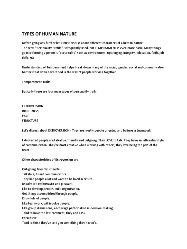 Types of Human Nature: Temperament Traits | PDF | Extraversion And ...