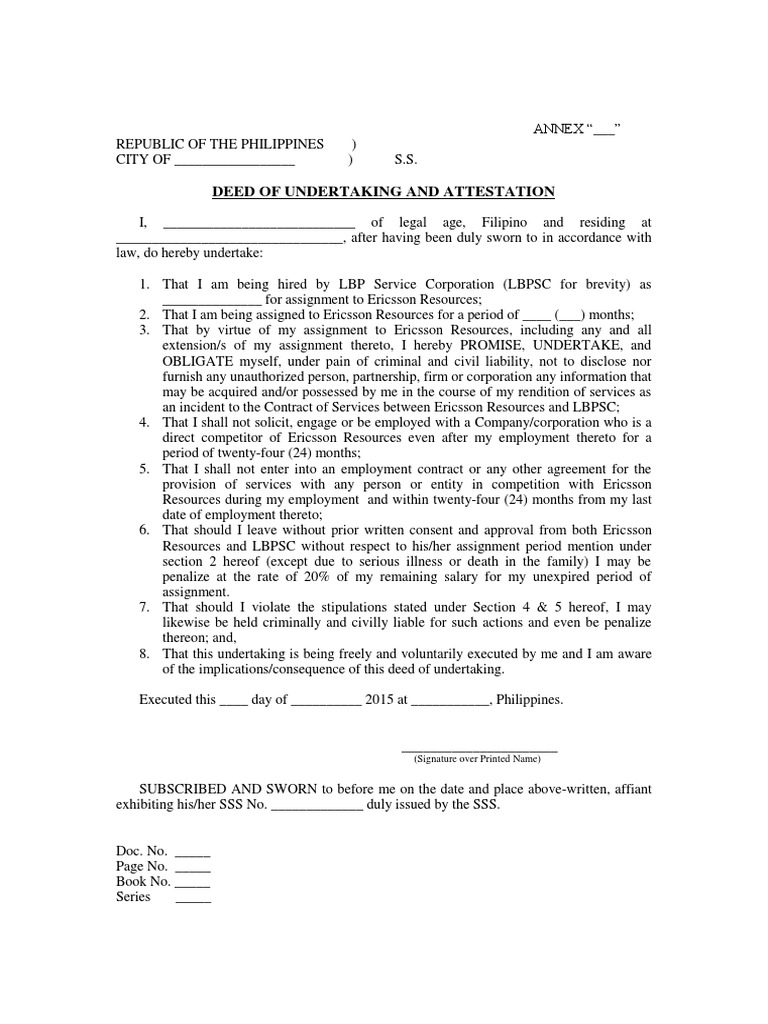 Deed of Undertaking and Attestation for Assignment to Ericsson ...