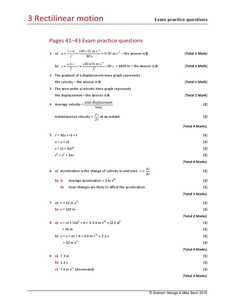 3 Rectilinear Motion: Pages 41-43 Exam Practice Questions | PDF ...