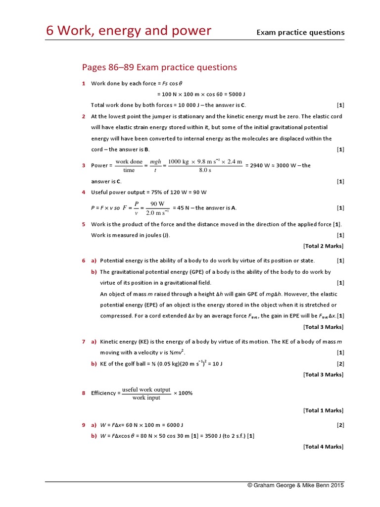 6 Work, Energy and Power: Pages 86-89 Exam Practice Questions | PDF ...