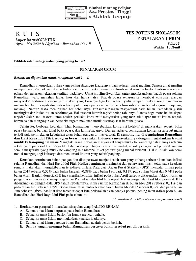 Pembahasan Soal KUIS SI SBMPTN - TPS Penalaran Umum - Paket 3 TA19-20 | PDF