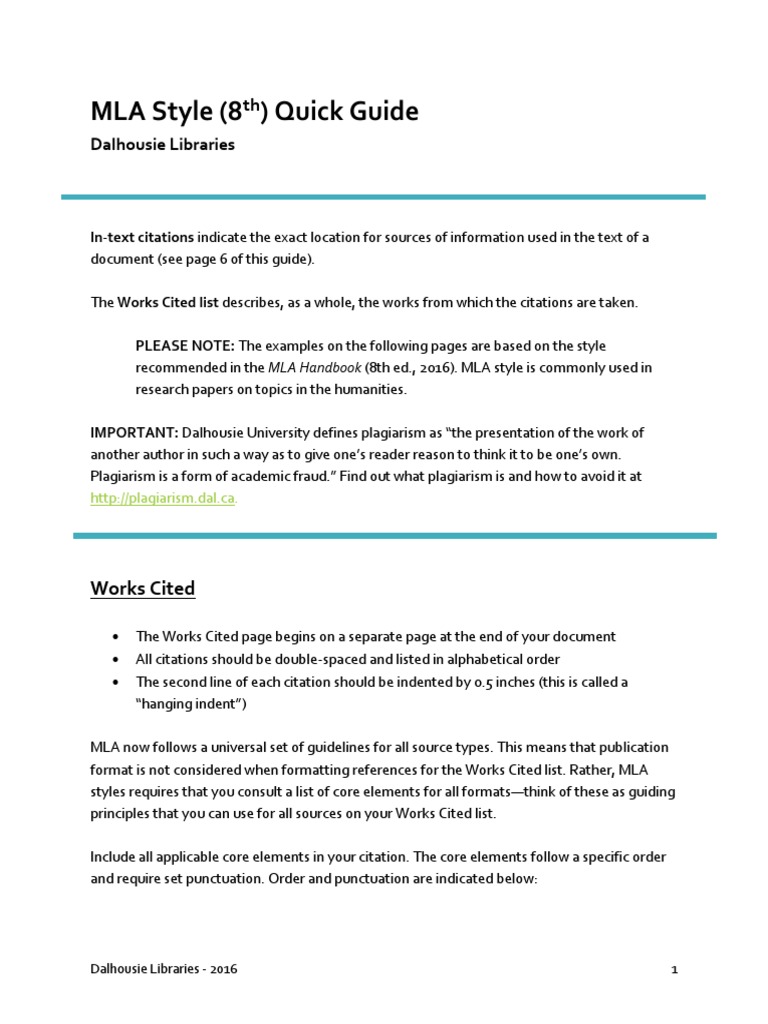 MLA Style (8) Quick Guide: TH Dalhousie Libraries | PDF | Citation ...