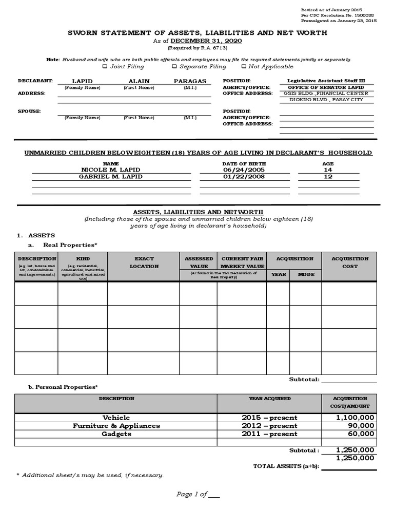 2015 SALN Form | PDF | Net Worth | Government