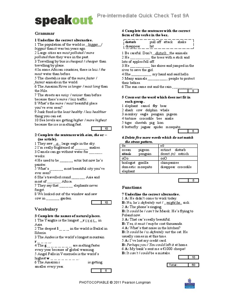 Pre-Intermediate Quick Check Test 9A: Grammar | Download Free PDF ...