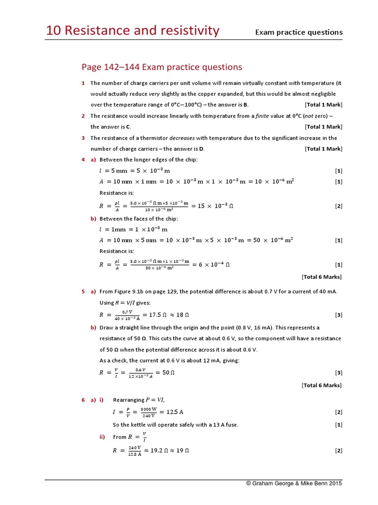 10 Resistance and Resistivity: Page 142-144 Exam Practice Questions ...