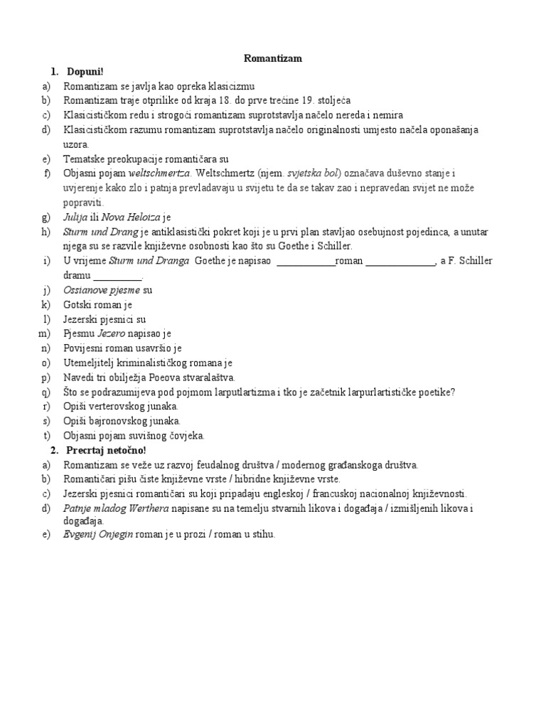 Romantizam, NL, Pitanja Za Ponavljanje | PDF