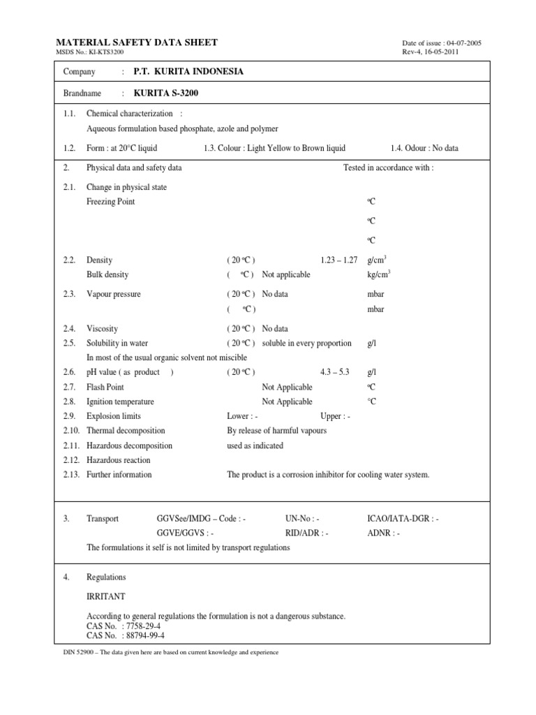 Material Safety Data Sheet: P.T. Kurita Indonesia | PDF | Toxicity ...