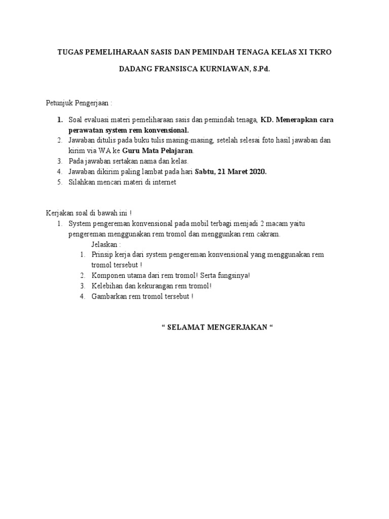 Tugas Pemeliharaan Sasis Dan Pemindah Tenaga Kelas Xi Tkro | PDF