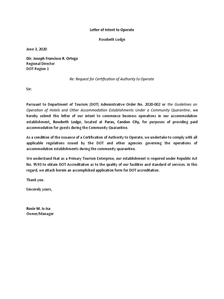 Letter of Intent To Operate | PDF