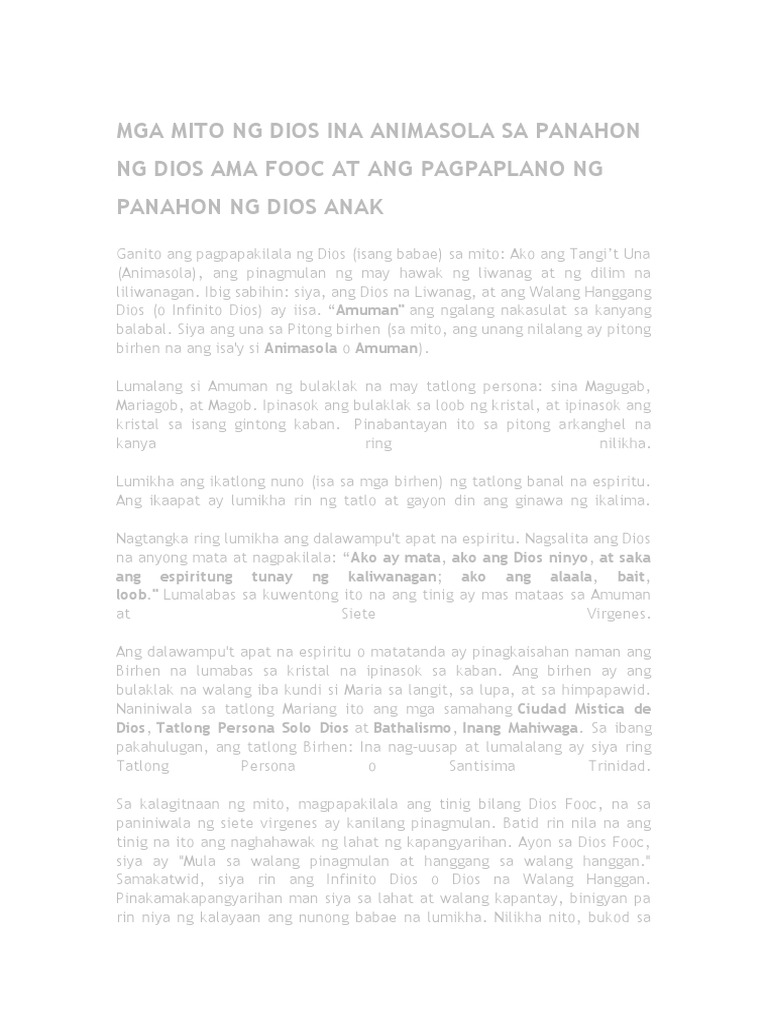 Mga Mito NG Dios Ina Animasola Sa Panahon NG Dios Ama Fooc at Ang ...