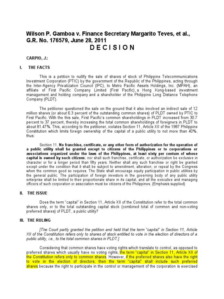 Gamboa Vs Teves Case Digest | PDF | Preferred Stock | Common Stock