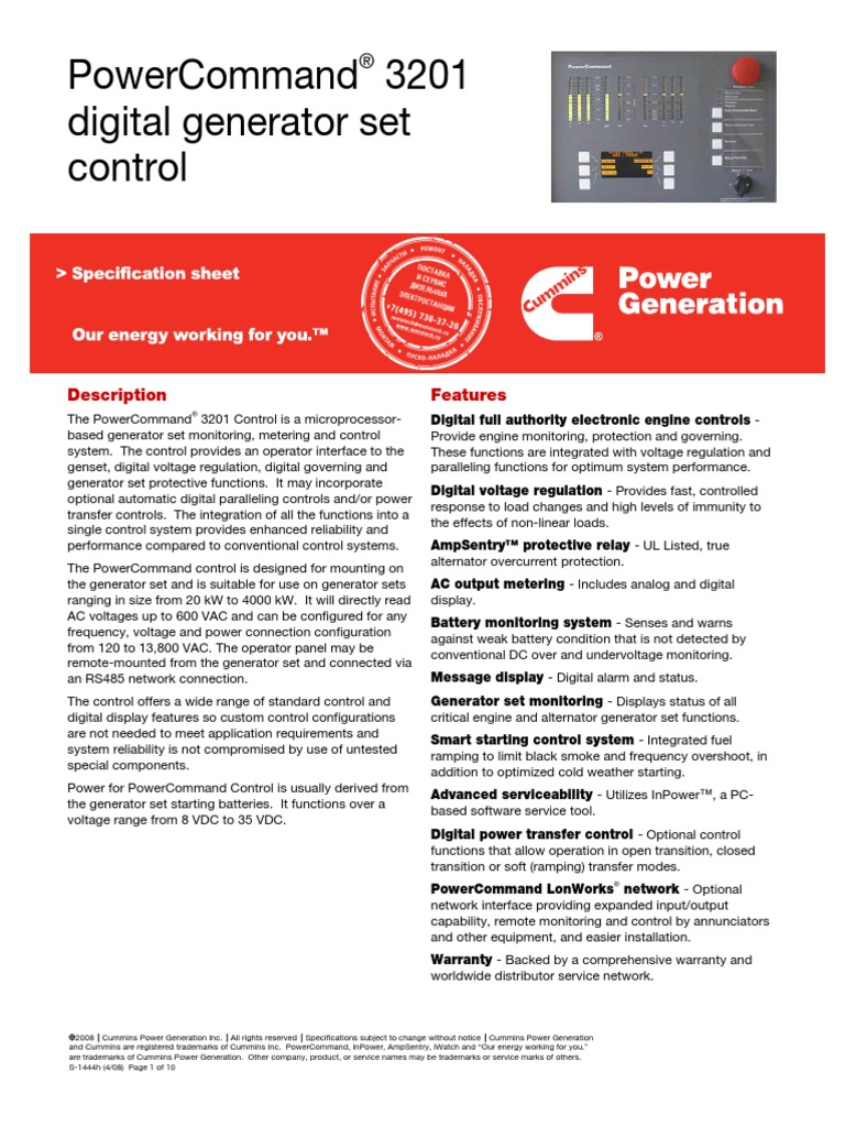 Powercommand 3201 Digital Generator Set Control: Description Features | PDF | Relay | Switch