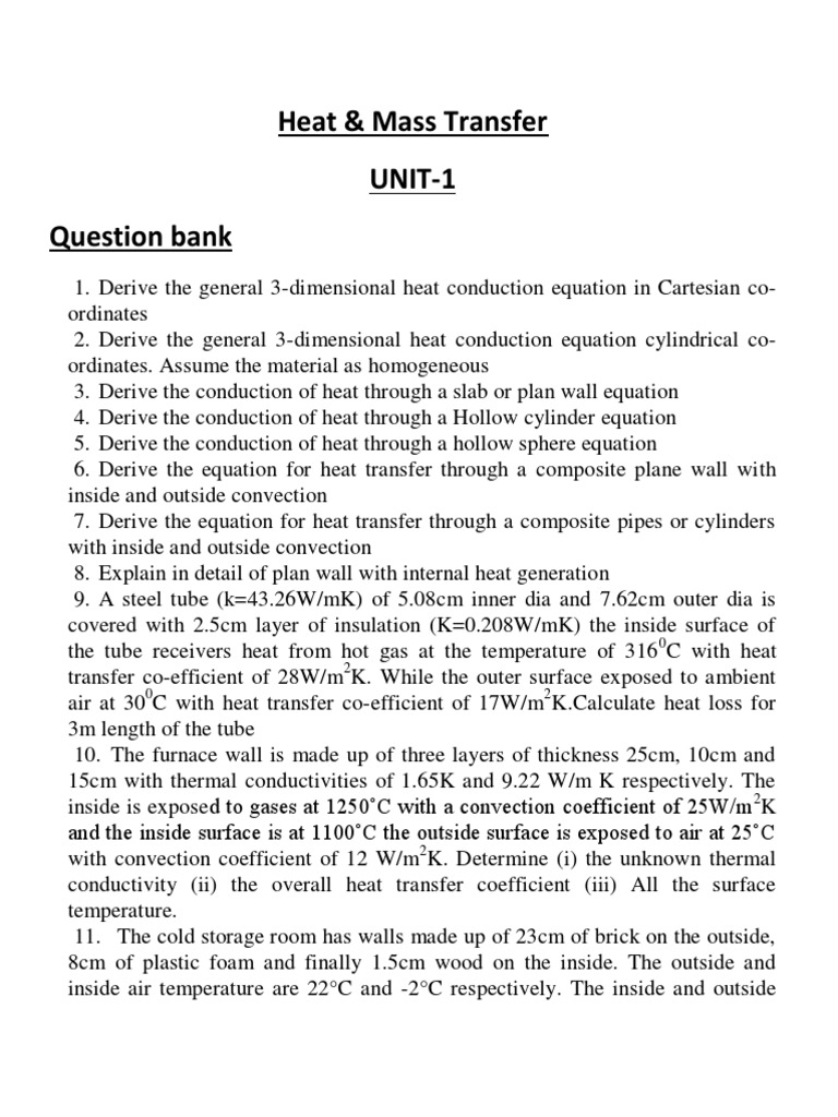 Heat & Mass Transfer UNIT-1 Question Bank | PDF | Heat Transfer ...