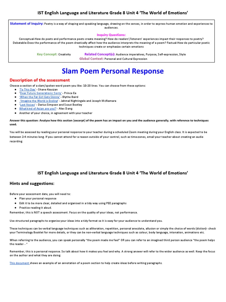 Slam Poetry Personal Response Task and Rubric | PDF | Poetry | Rubric ...