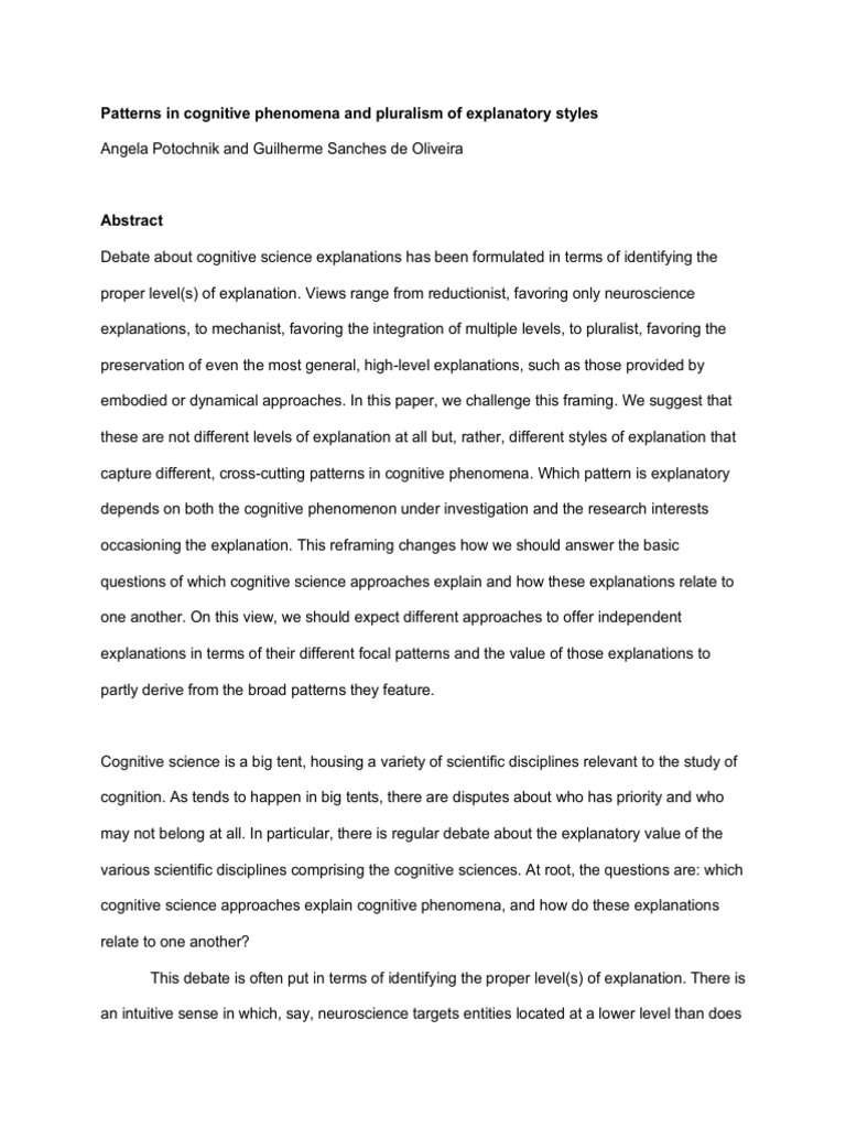 Patterns in Cognitive Phenomena and Pluralism of Explanatory Styles ...