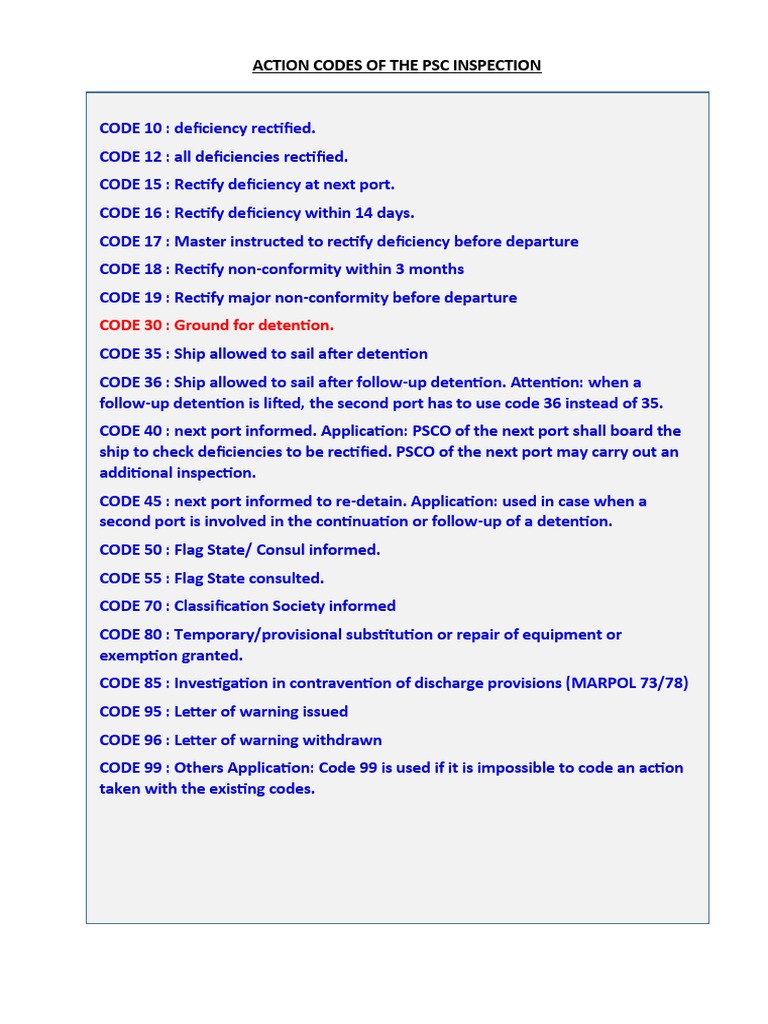 Action Codes of The PSC Inspection | PDF