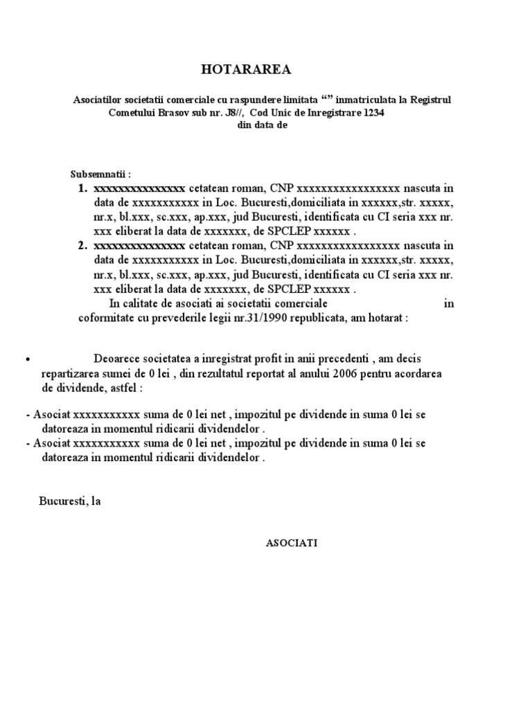 Hotarare AGA Dividende Model | PDF