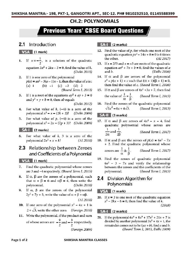 10 - Polynomial - Board Questions | PDF