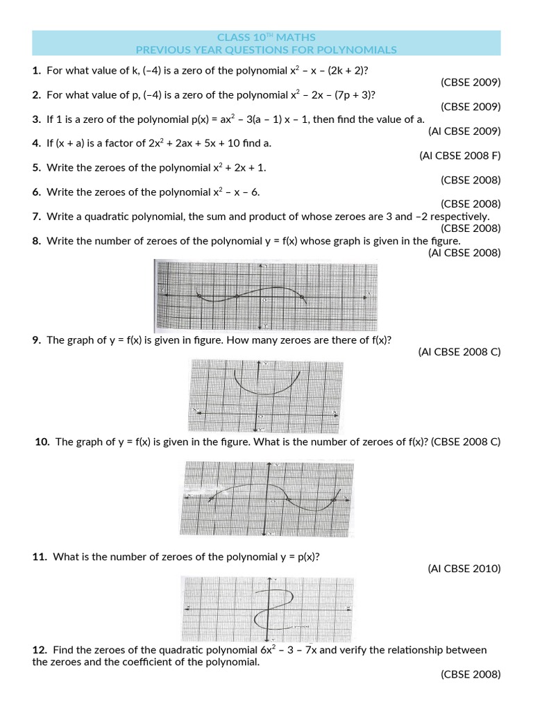 CLASS 10TH Previous Year QB Polynomials | PDF | Polynomial | Computational Science
