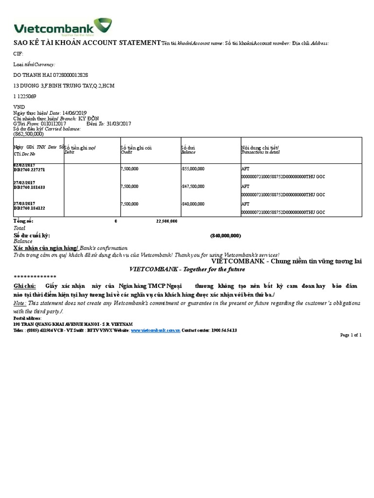 Sao Kê Tài Khoản Account Statement: VIETCOMBANK - Together for the ...