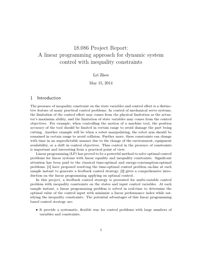 18.086 Project Report: A Linear Programming Approach For Dynamic System Control With Inequality ...