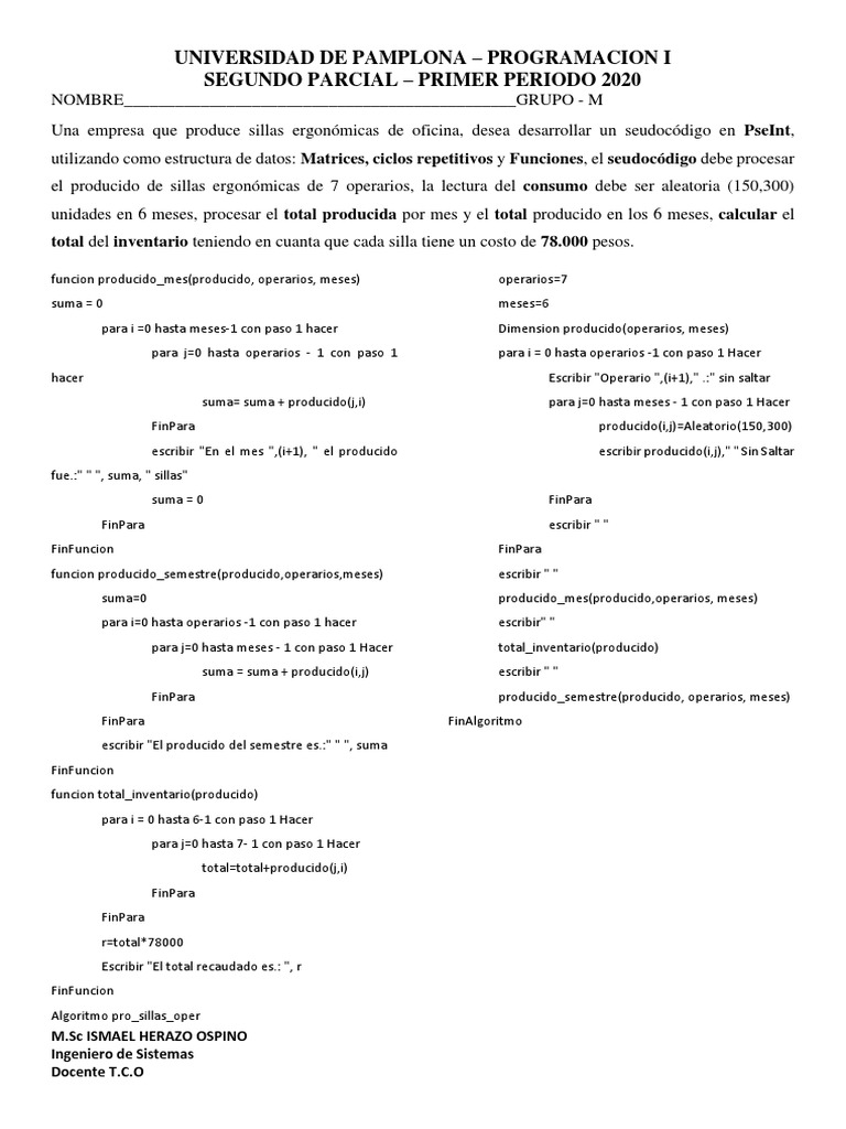 Ejercicio De Matrices Y Funciones Pseint Pdf Algoritmos Conceptos
