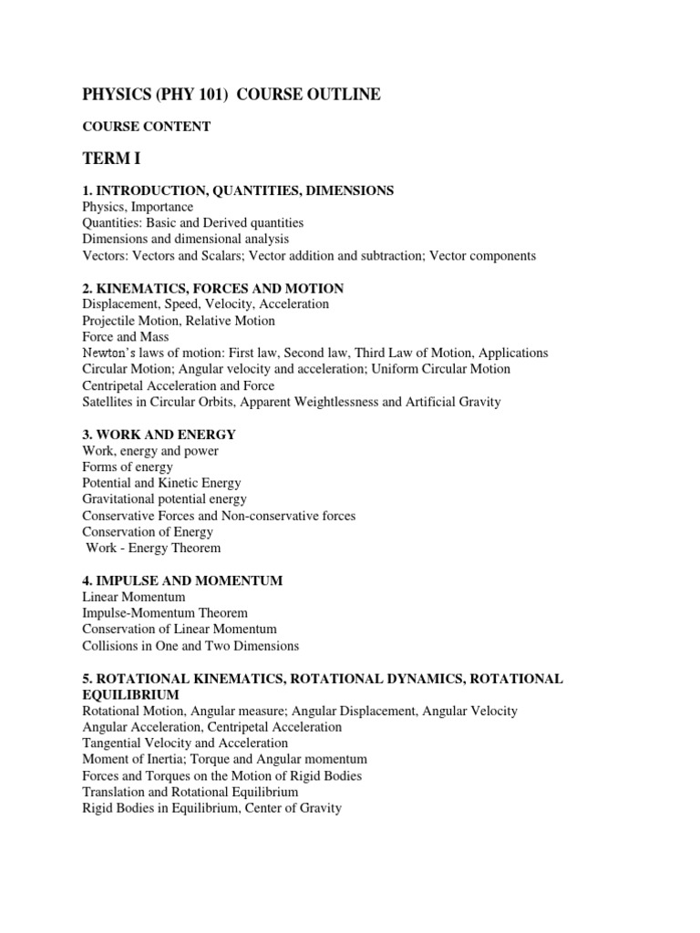 Phy 101 Course Outline | PDF | Acceleration | Momentum