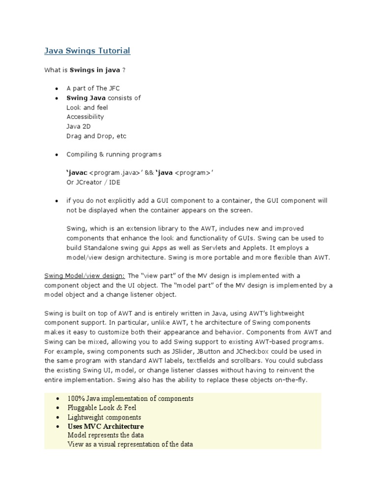 Java Swings Tutorial: Swing Java Consists of | PDF