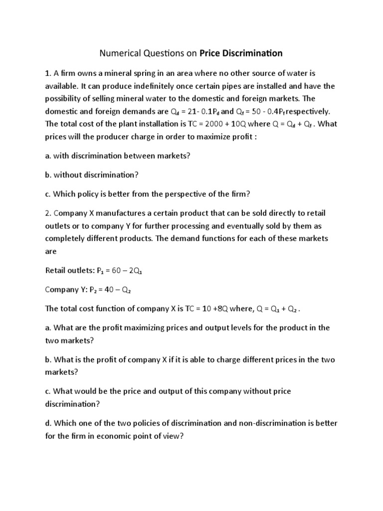 Numerical Questions On Price Discrimination: D D F F D F | PDF | Price ...