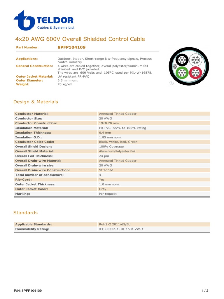 4x20 AWG 600V Overall Shielded Control Cable - 8PFP104109 - V - 2 - R ...