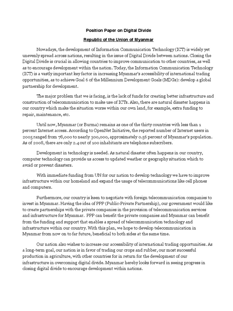 MUN Myanmar Position Paper On The Digital Divide | PDF | Infrastructure ...