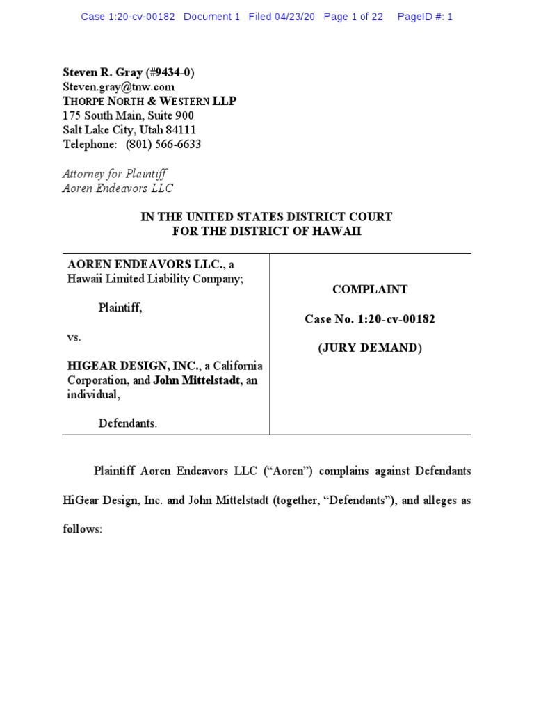 Aoren Endeavors v. HiGear Design - Complaint | PDF | Declaratory Judgment | Tortious Interference