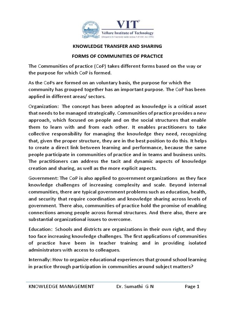 Knowledge Transfer and Sharing Forms of Communities of Practice | PDF