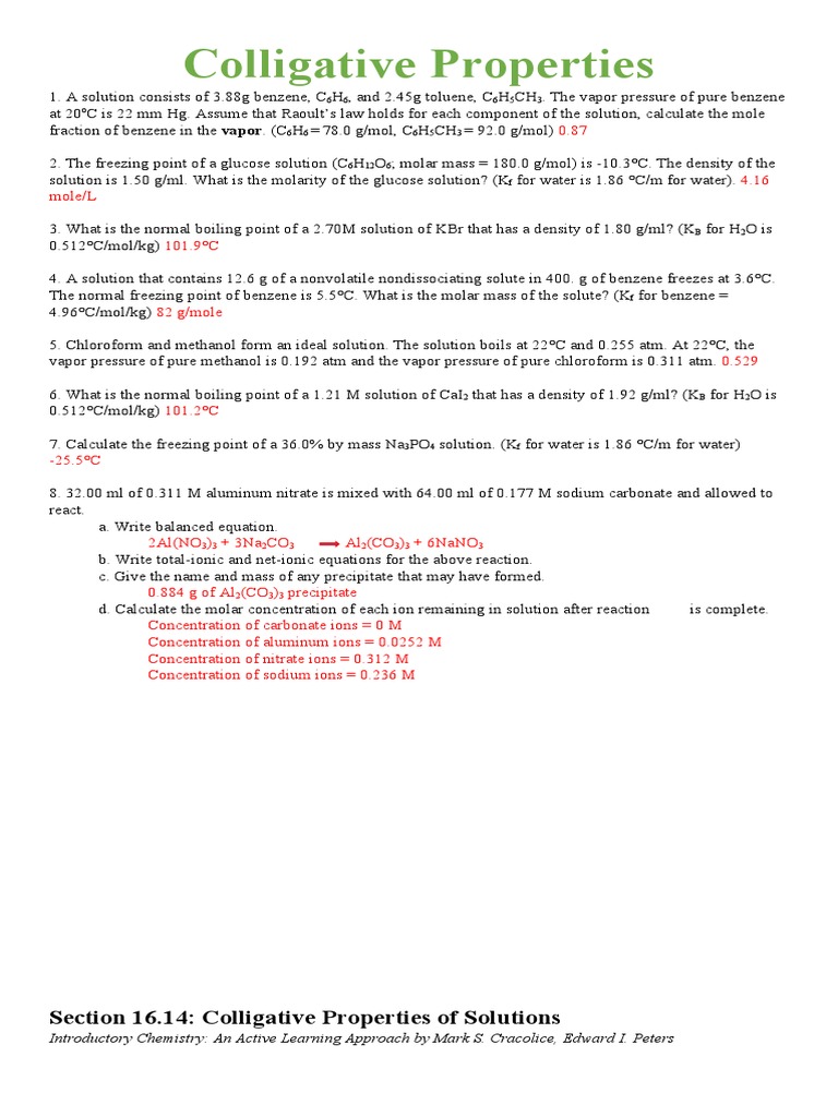 Section 16.14: Colligative Properties of Solutions | PDF | Solution | Solubility