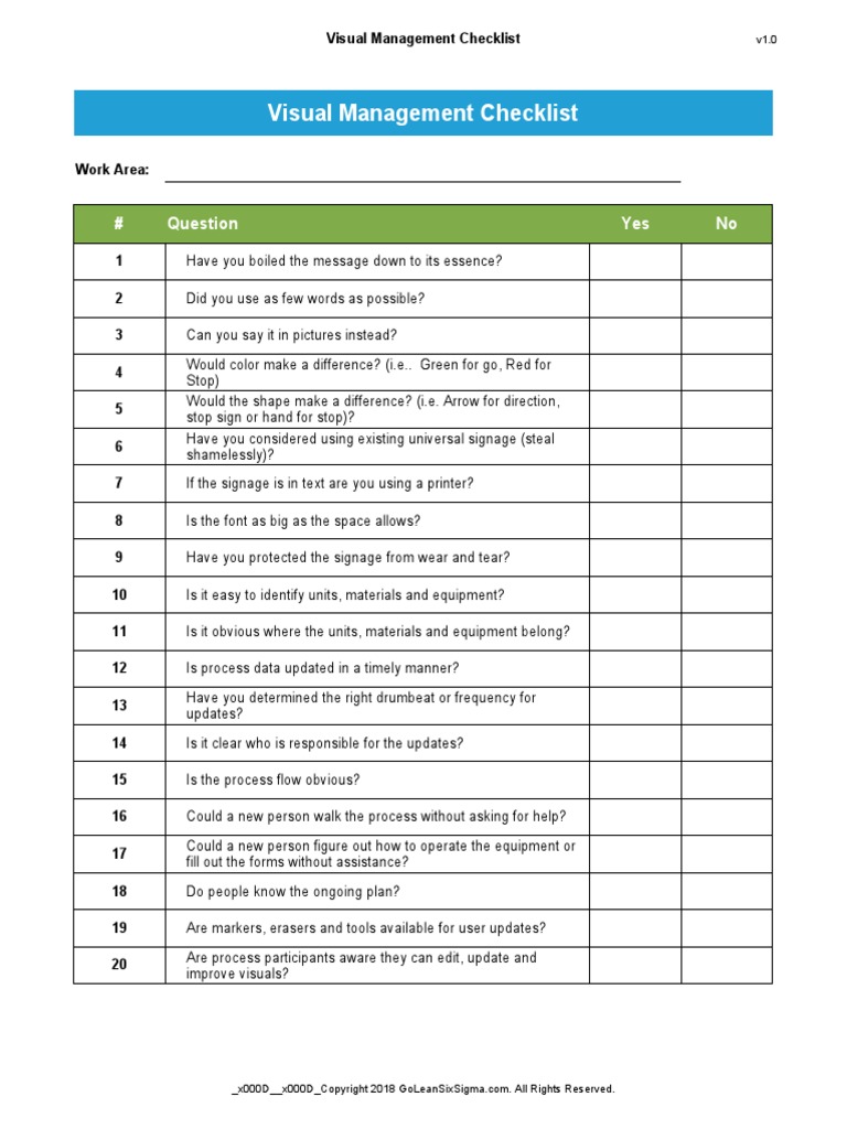 Visual Management Checklist: # Yes No | PDF | Business | Art