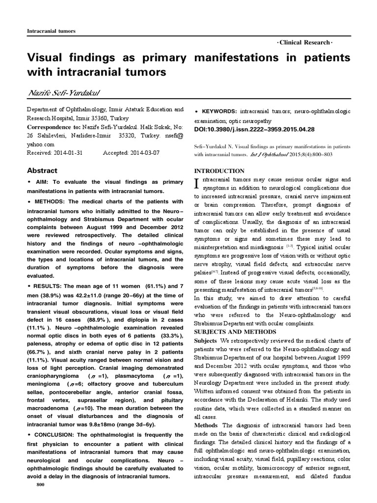 Visual Findings As Primary Manifestations in Patients With Intracranial ...