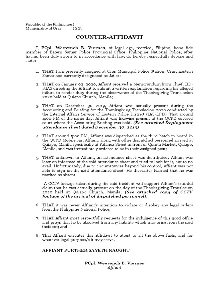 Counter-Affidavit: Republic of The Philippines) Municipality of Oras) S ...