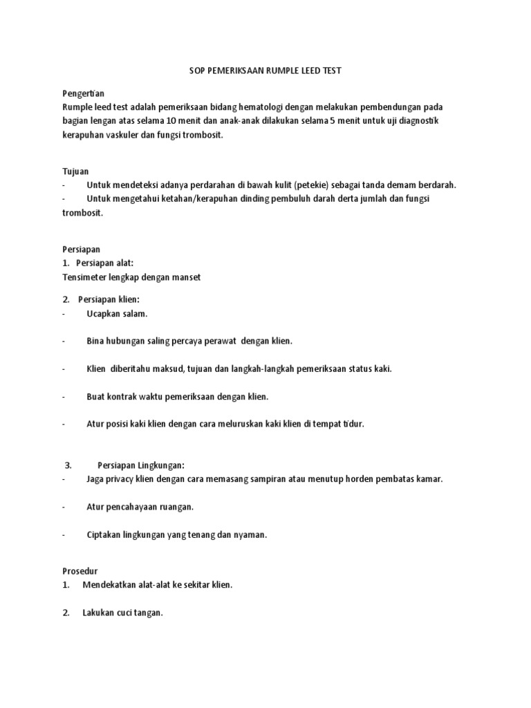 Sop Pemeriksaan Rumple Leed Test | PDF