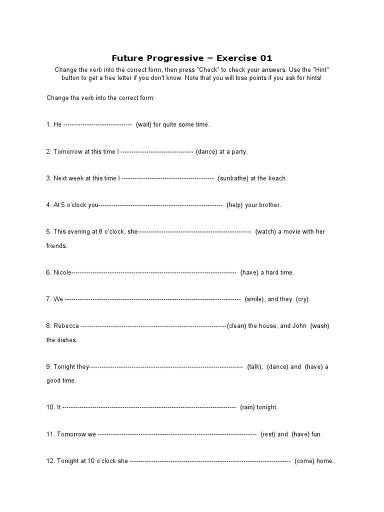 Future Progressive Verb Exercises | PDF