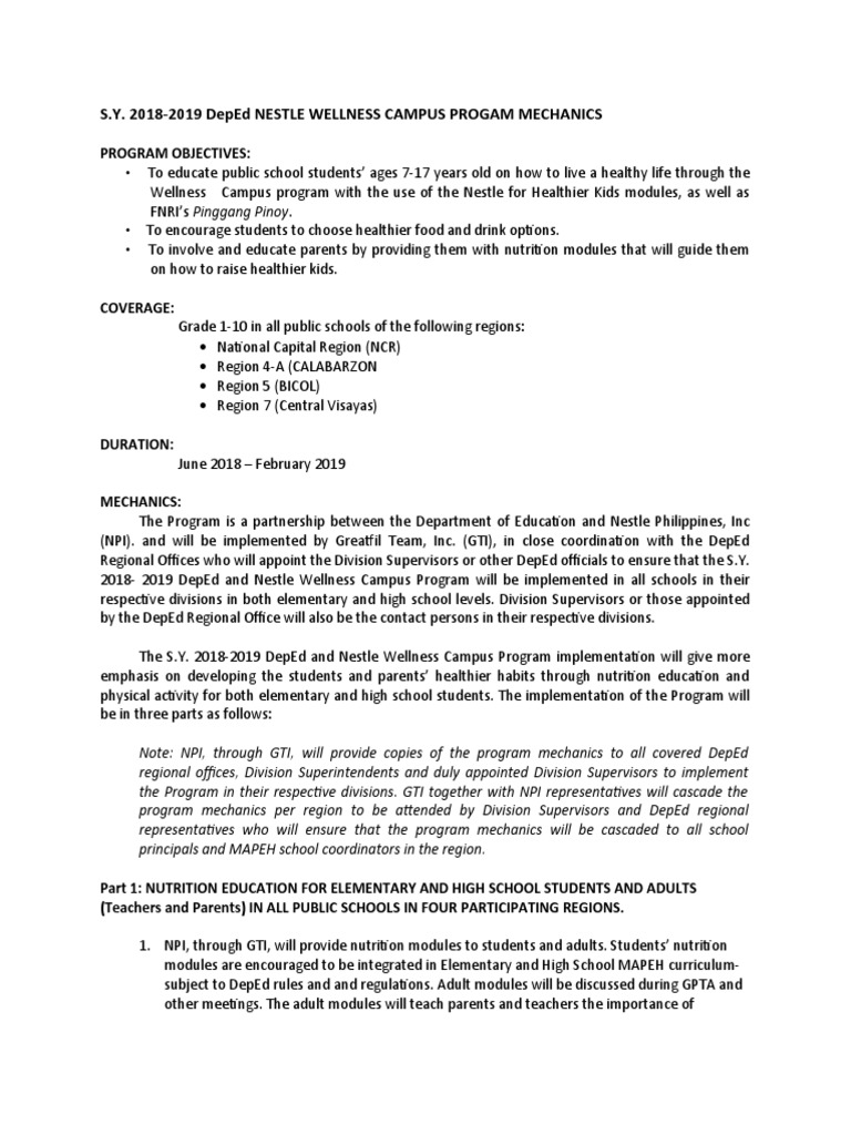 S.Y. 2018-2019 Deped Nestle Wellness Campus Progam Mechanics | PDF ...