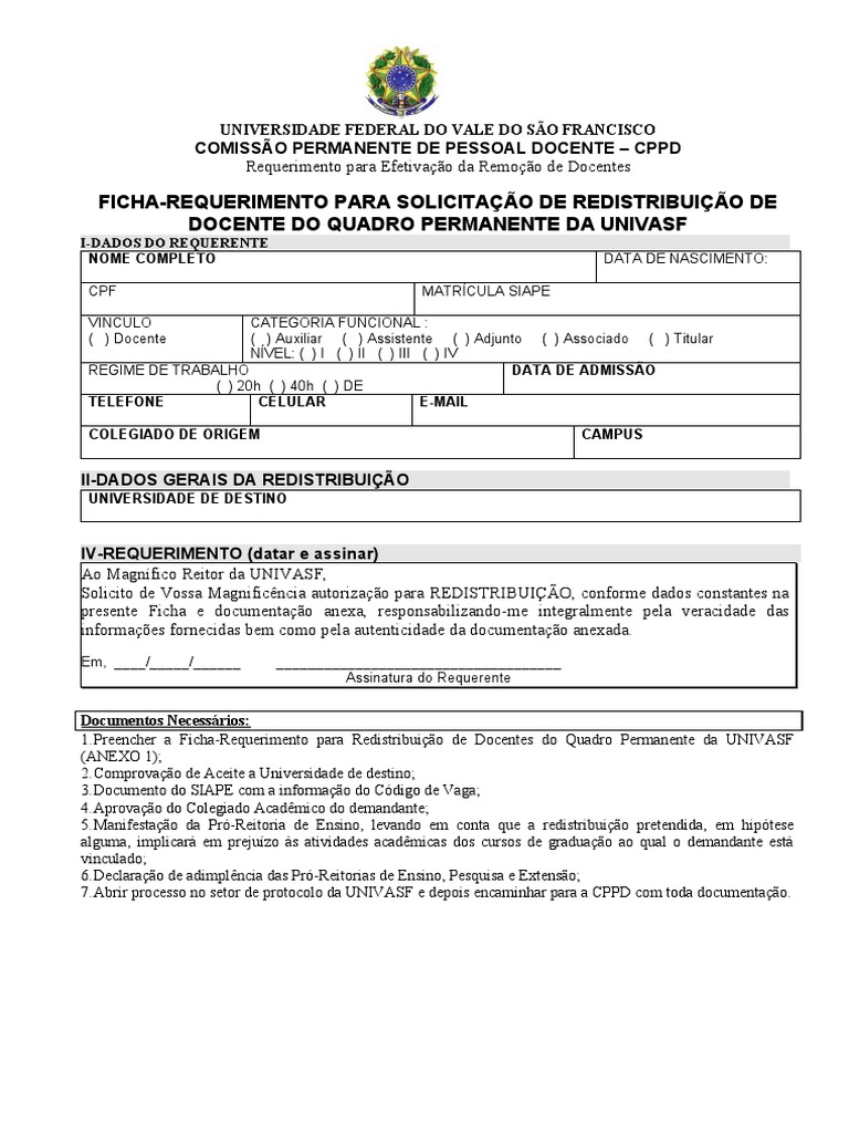 Proposta Nova Ficha-Requerimento - Redistribuicao Docente | PDF