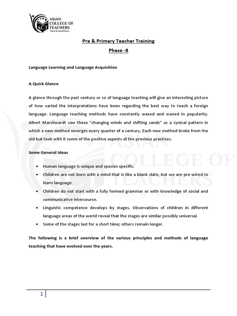 Pre & Primary Teacher Training Phase - 8: Language Learning and ...