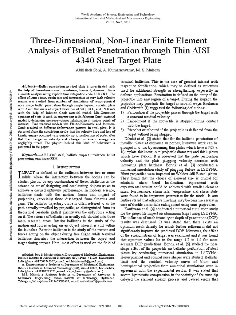 Three-Dimensional, Non-Linear Finite Element Analysis of Bullet Penetration Through Thin AISI ...