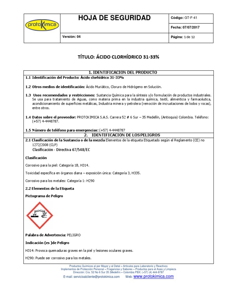 Ácido Clorhídrico 31 33 10332 Sga | PDF | Ácido clorhídrico | Cloro